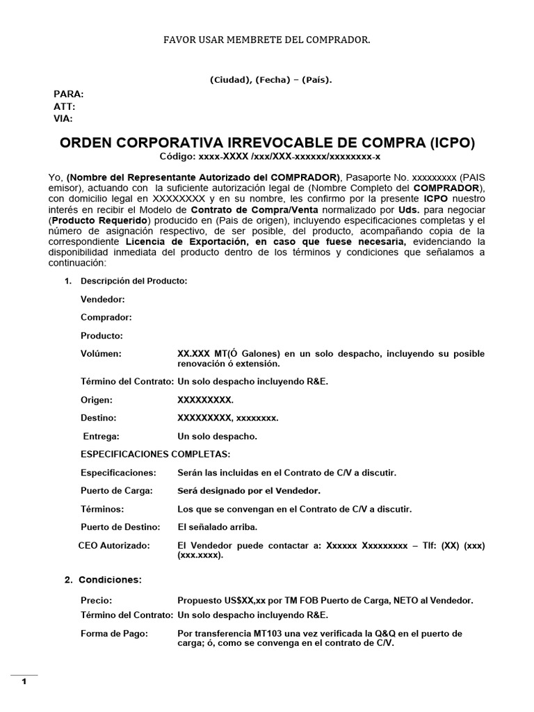 Orden de Compra ICPO: Modelo y Especificaciones | PDF | Economias