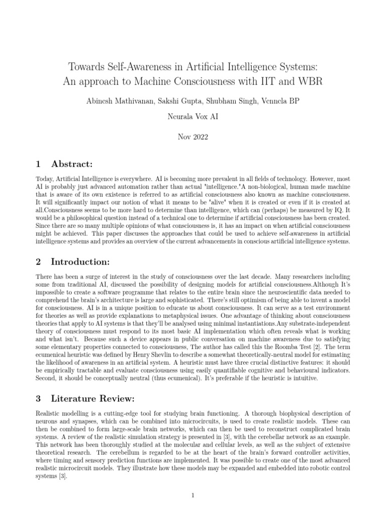 Toward Self Awareness in Artificial Intelligence Systems | PDF | Principal Component Analysis ...