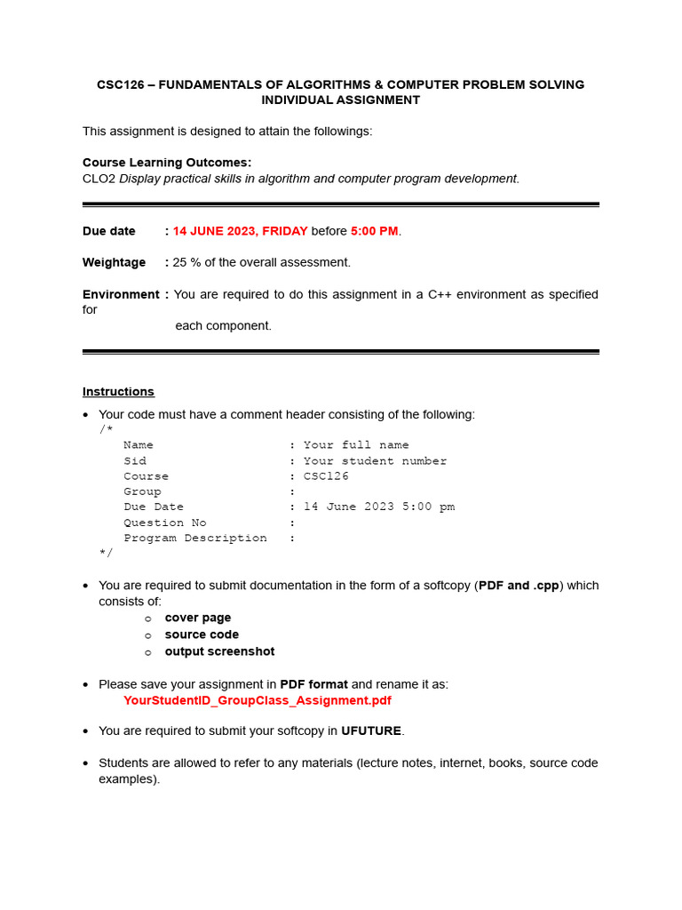 CSC126 Individual Assignment 20232 | PDF | Algorithms | Computer Programming