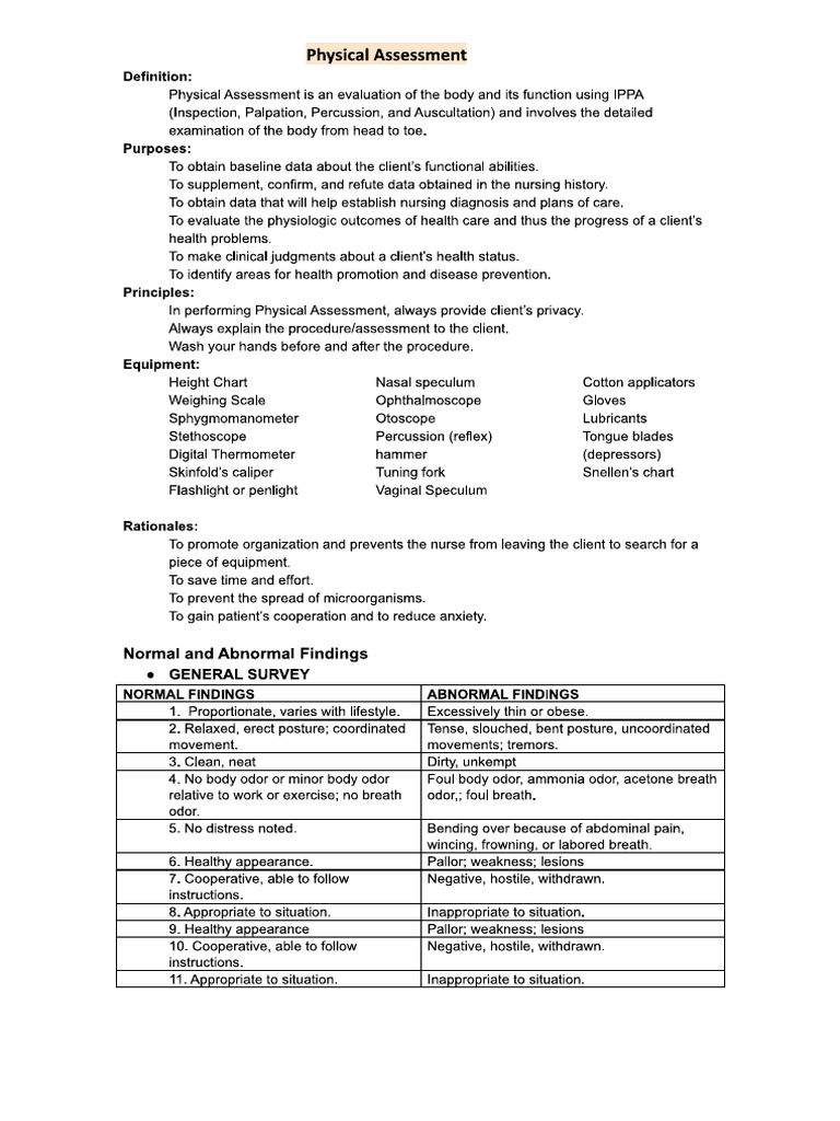 Physical Assessment - Normal and Abnormal Findings | PDF