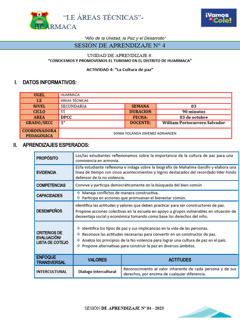 1º DPCC - Ses 4 Uni 6 - Sem 04 | PDF | Paz | Maestros