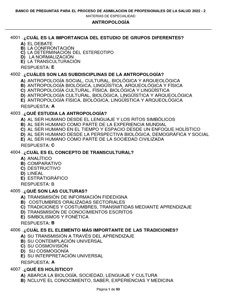 Banco Preguntas Asimilacion Profesionales ANTROPOLOGIA | PDF | Descomposición | Lesión