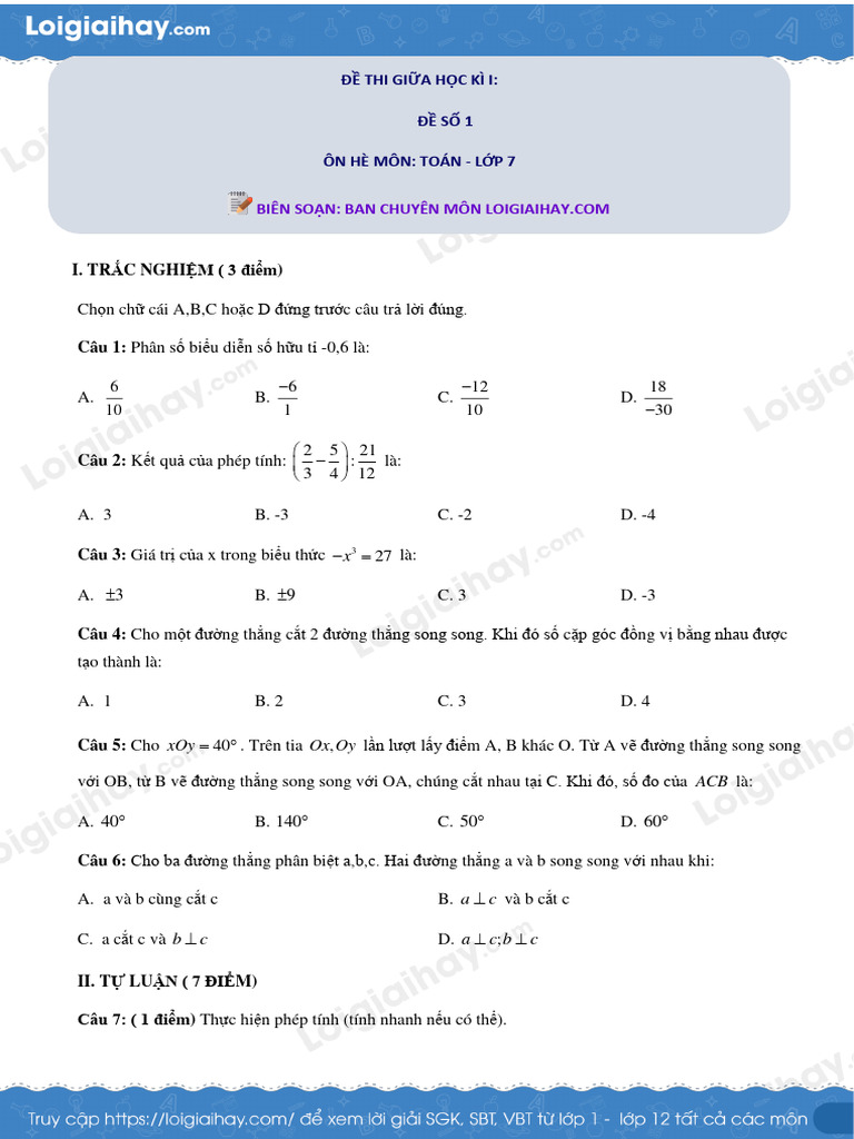 De Kiem Tra Giua Hoc Ki 1 Toan 7 de So 1 Ket Noi Tri Thuc 1665568392 | PDF