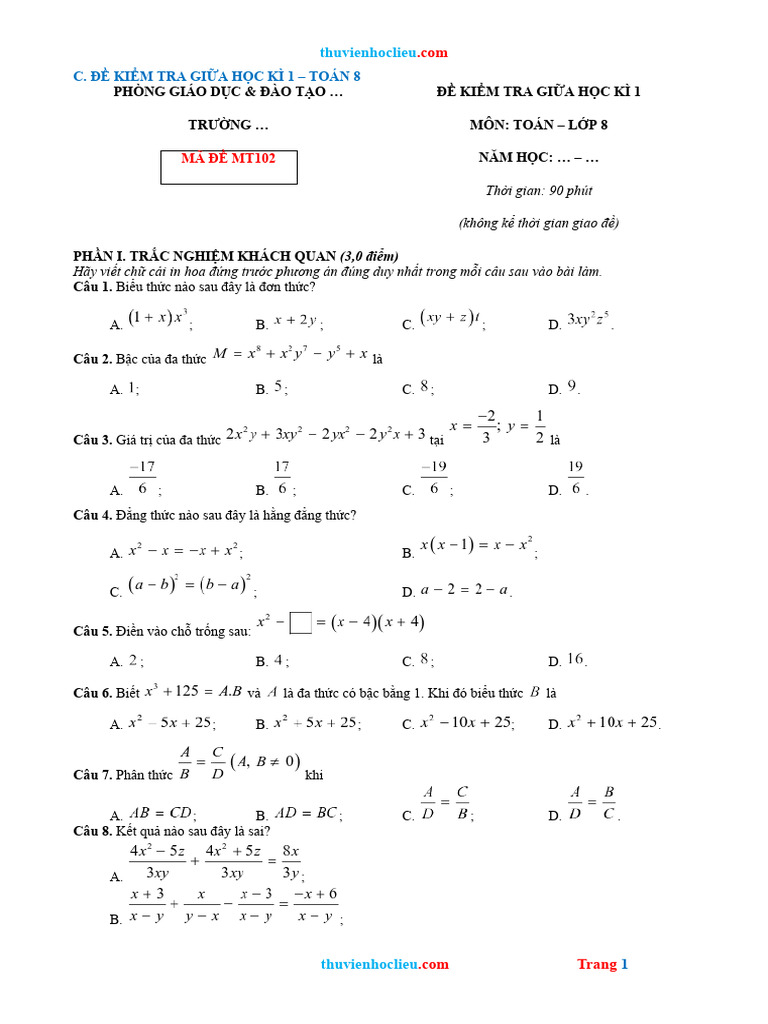 De KT Giua HK1 Toan 8 Canh Dieu de 2 | PDF