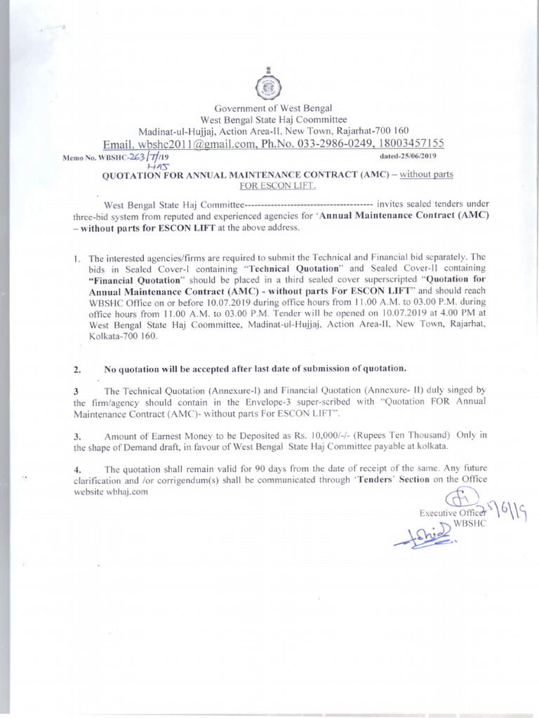 Quotation For AMC For ESCON Lift Without Parts | PDF