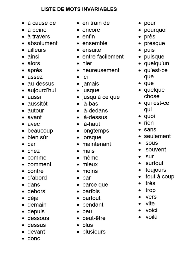 Liste de Mots Invariables | PDF