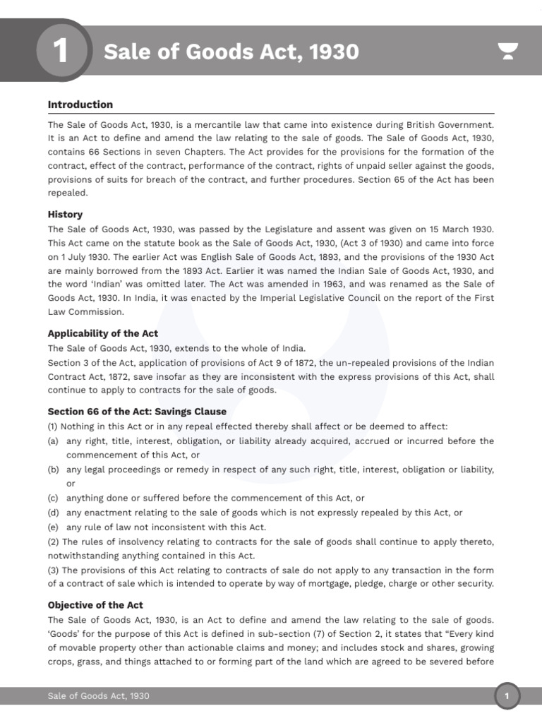 Sale of Goods Act Overview 1930 | PDF | Sales | Act Of Parliament