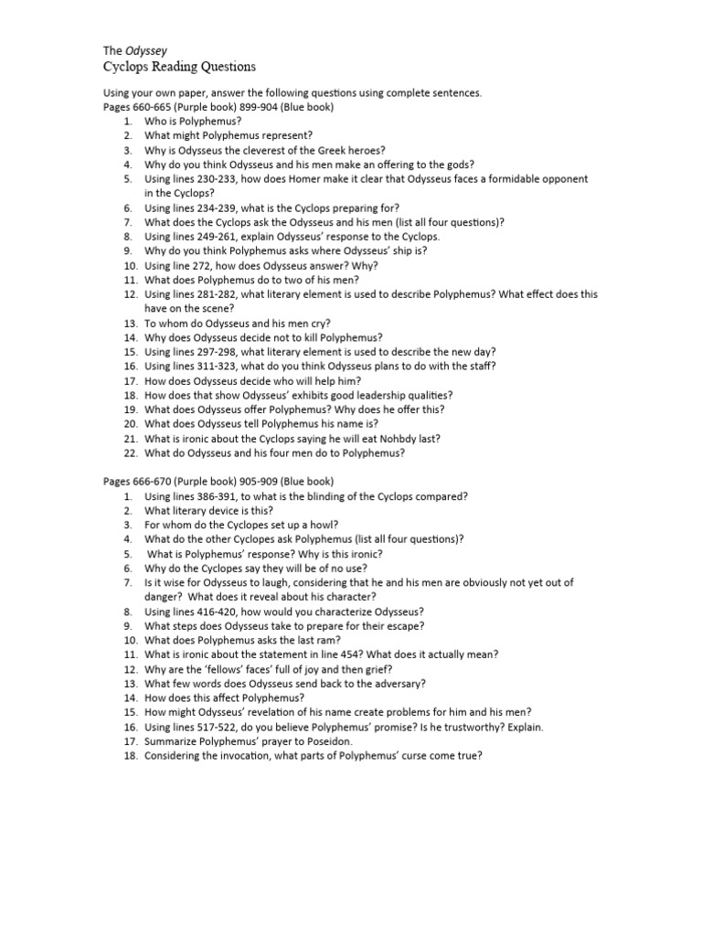Odyssey: Cyclops Reading Questions | PDF | Language Arts & Discipline ...
