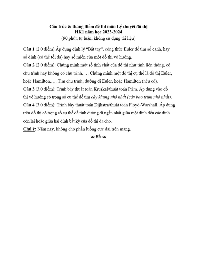 Cau Truc de Thi LTDT HK1 NH2023-2024 | PDF