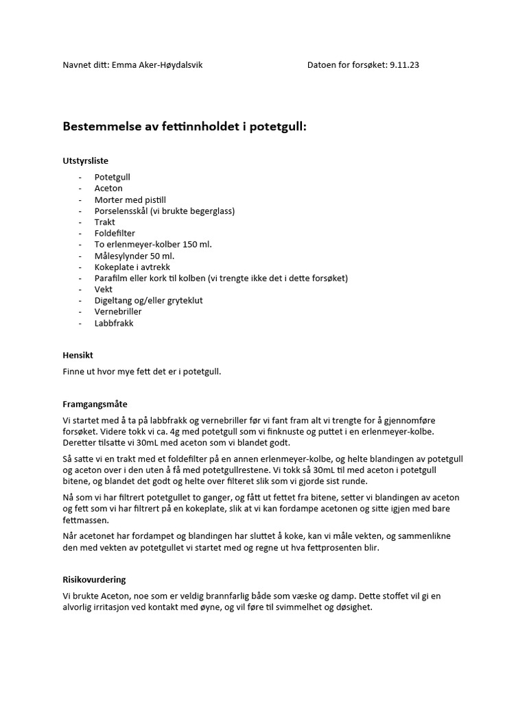 Fettinnholdet I Potetgull | PDF