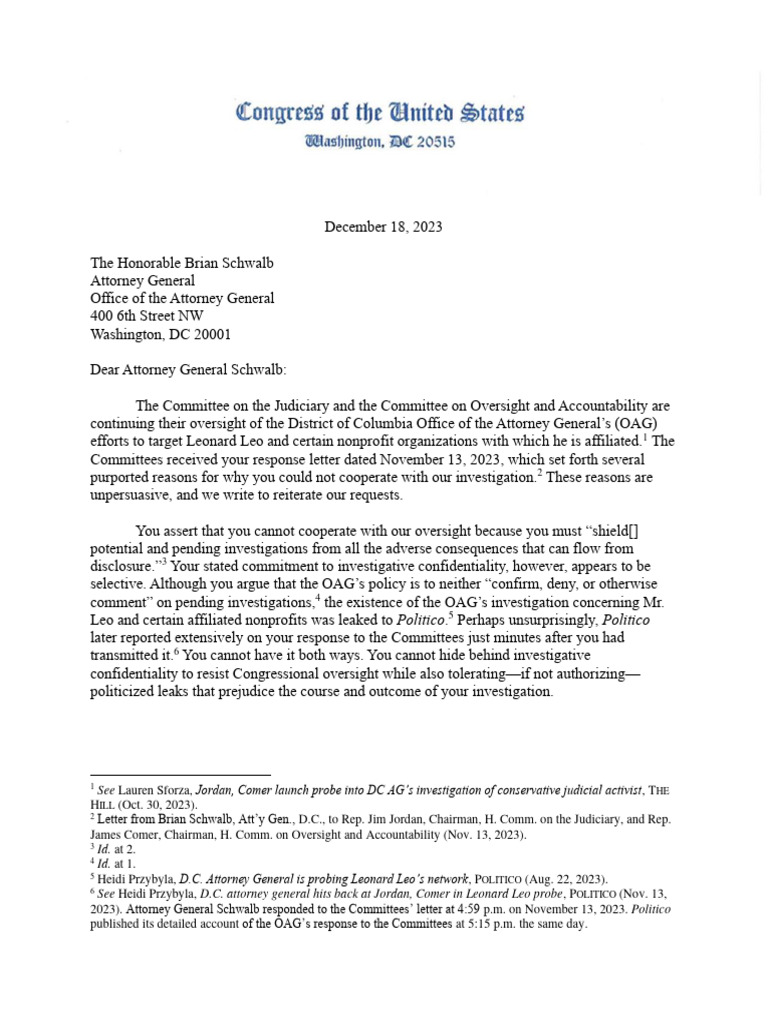 Jordan & Comer Threaten DC AG Over His Probe of Leonard Leo | PDF ...