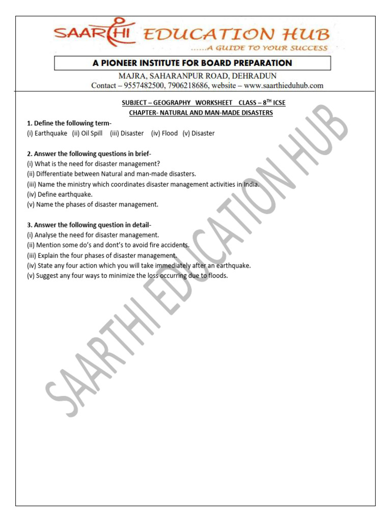 Worksheet Chapter - Natural and Man-Made Disaster Class-8th Subject ...