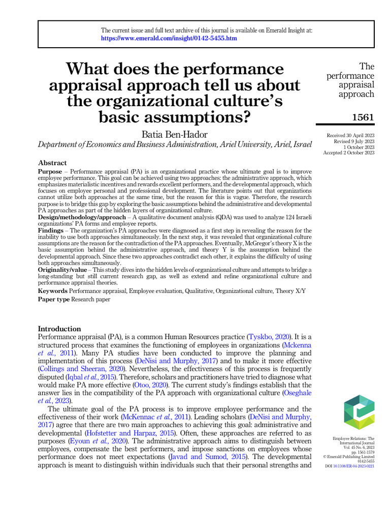 Journal - What Does The Performance Appraisal Approach Tell Us About The Organizations Culture ...