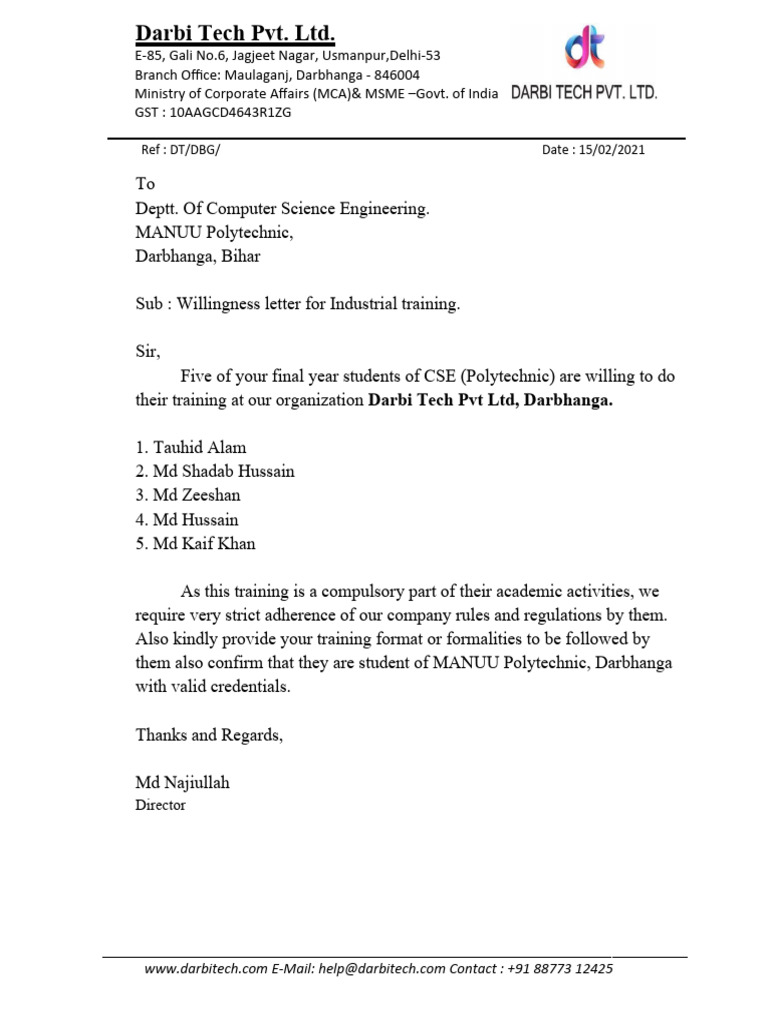 Willingness Letter Tranning | PDF