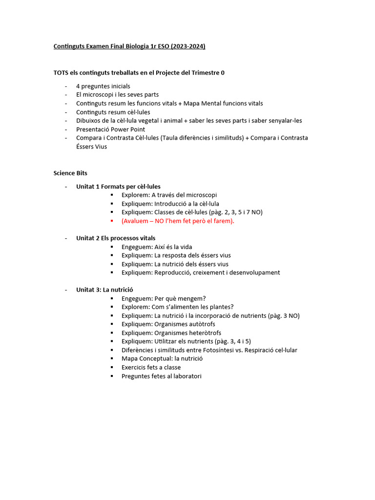 Continguts Examen Final Biologia 1r ESO 23 24 | PDF