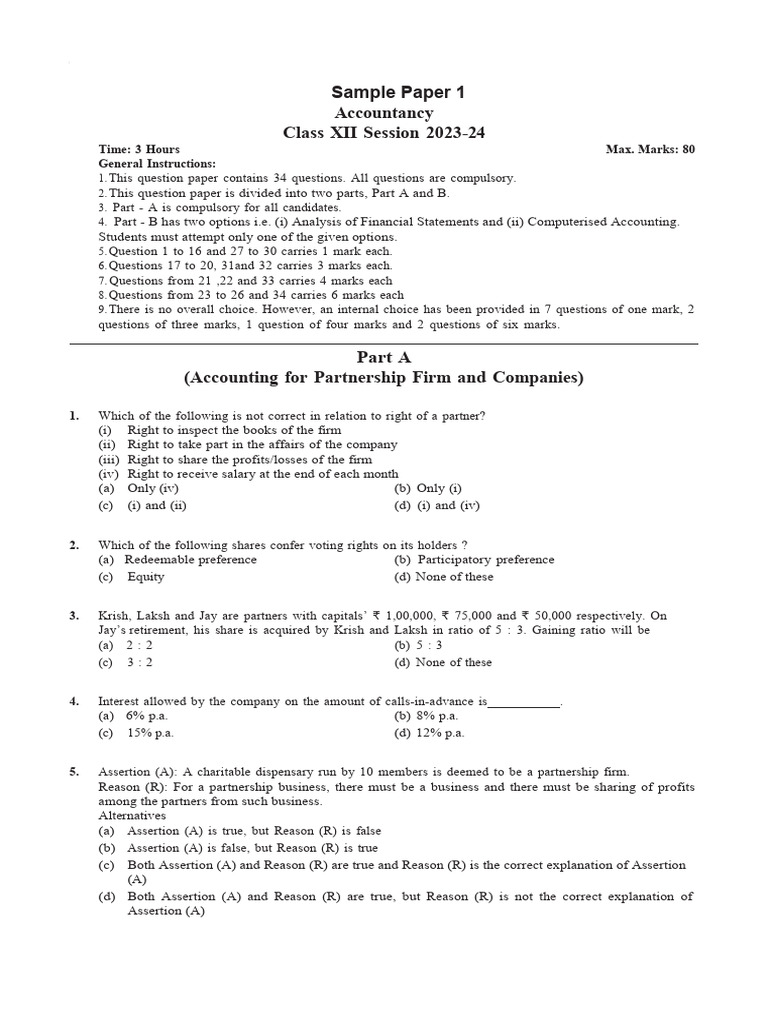 Sample Paper 2023-24 | PDF | Equity (Finance) | Balance Sheet