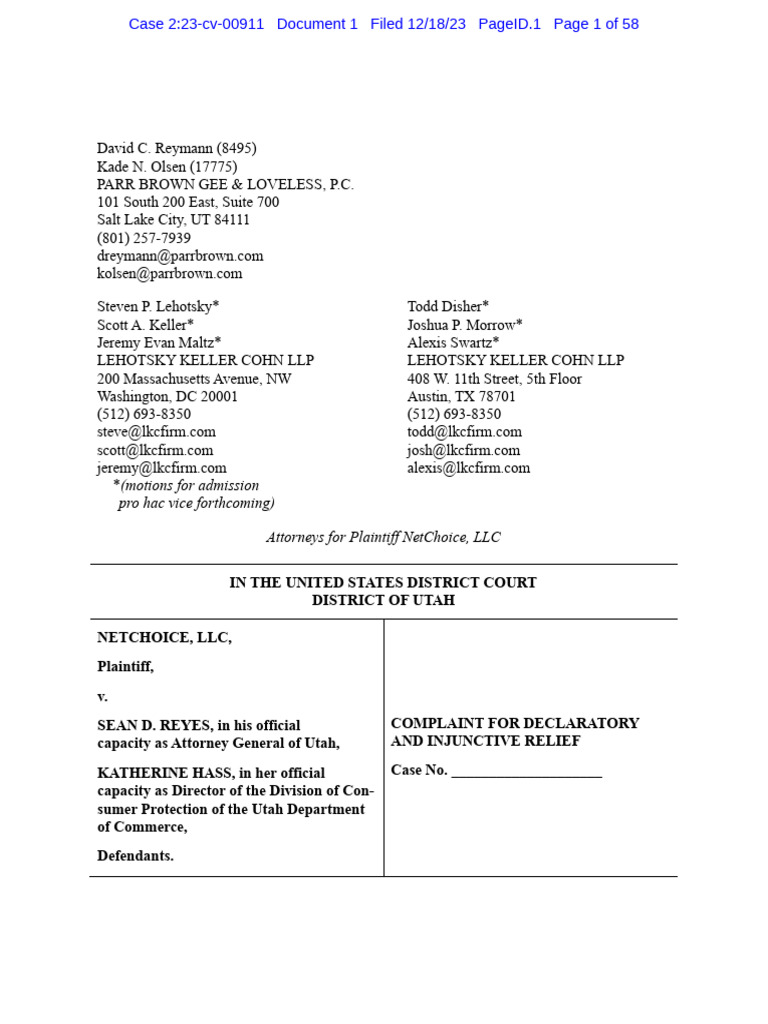 NetChoice V Reyes Official Complaint | PDF | First Amendment To The ... NetChoice V Reyes Official Complaint | PDF | First Amendment To The ...