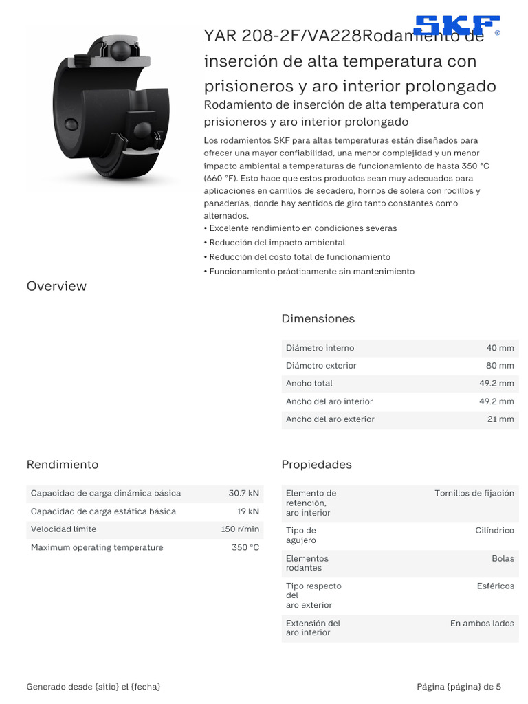 SKF YAR 208-2F - VA228Rodamiento de Inserción de Alta Temperatura Con Prisioneros y Aro Interior ...