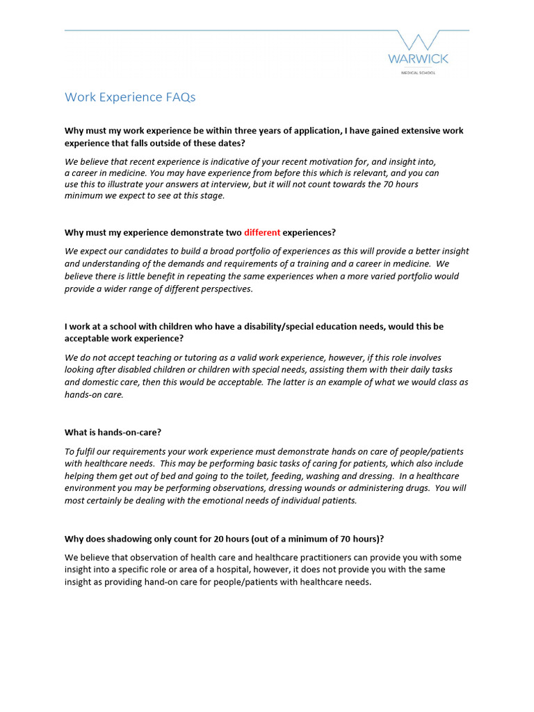Warwivk Work Experience Faqs - Web 2020-GEM | PDF | Health Care ...
