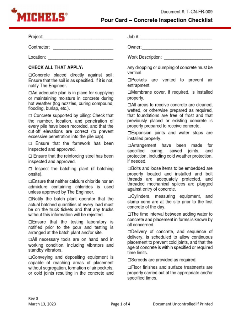 Concrete Inspection Checklist | PDF | Concrete | Deep Foundation