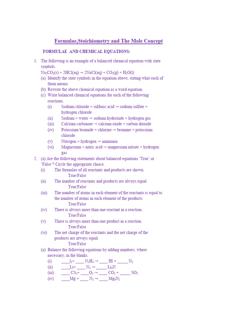 Formulae, Stoichiometry and The Mole Concept | PDF | Chemical Reactions ...