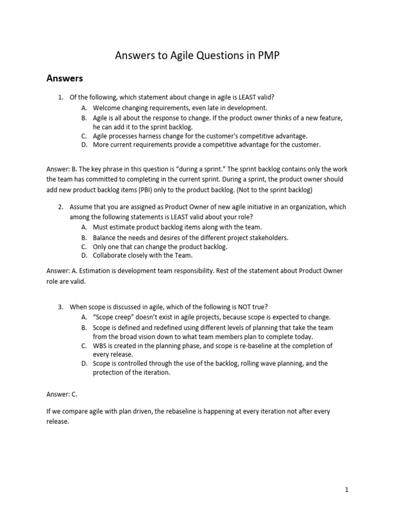 ANSWERS of Agile Questions in PMP 2020 | PDF | Scrum (Software ...