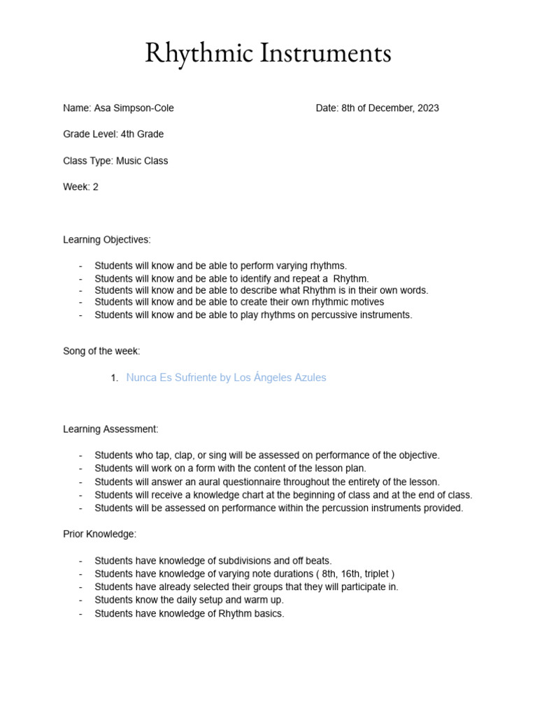 Lesson Plan For Rhythmic Instruments | PDF | Rhythm | Musical Notation