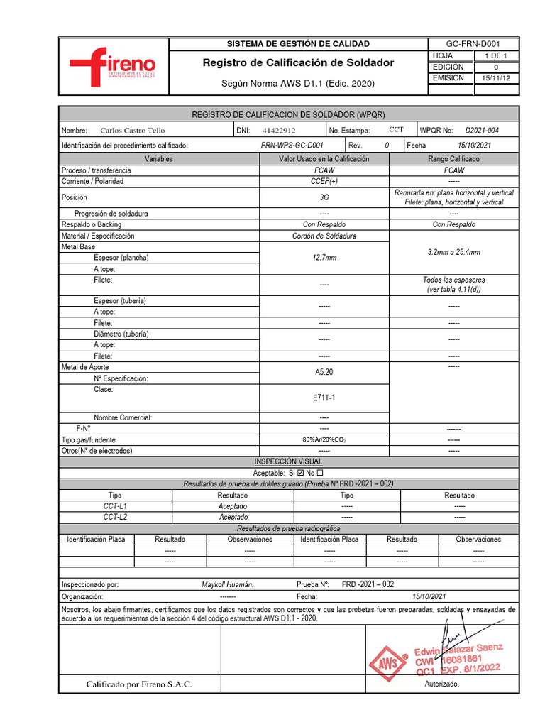 CCT-3G Fcaw-D2021-004 | PDF | Soldadura | Construcción