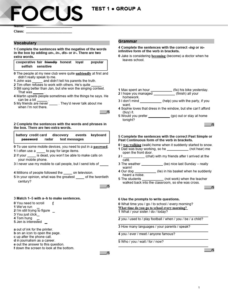 Focus 2 Test 1 Group A | PDF