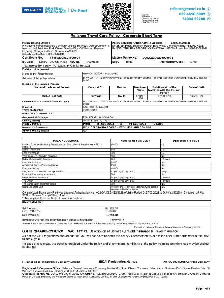 Corporate Travel Insurance Policy | PDF | Insurance | Underwriting