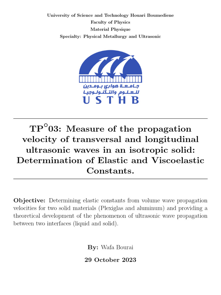 Measure of The Propagation Velocity of Transversal and Longitudinal Ultrasonic Waves in An ...