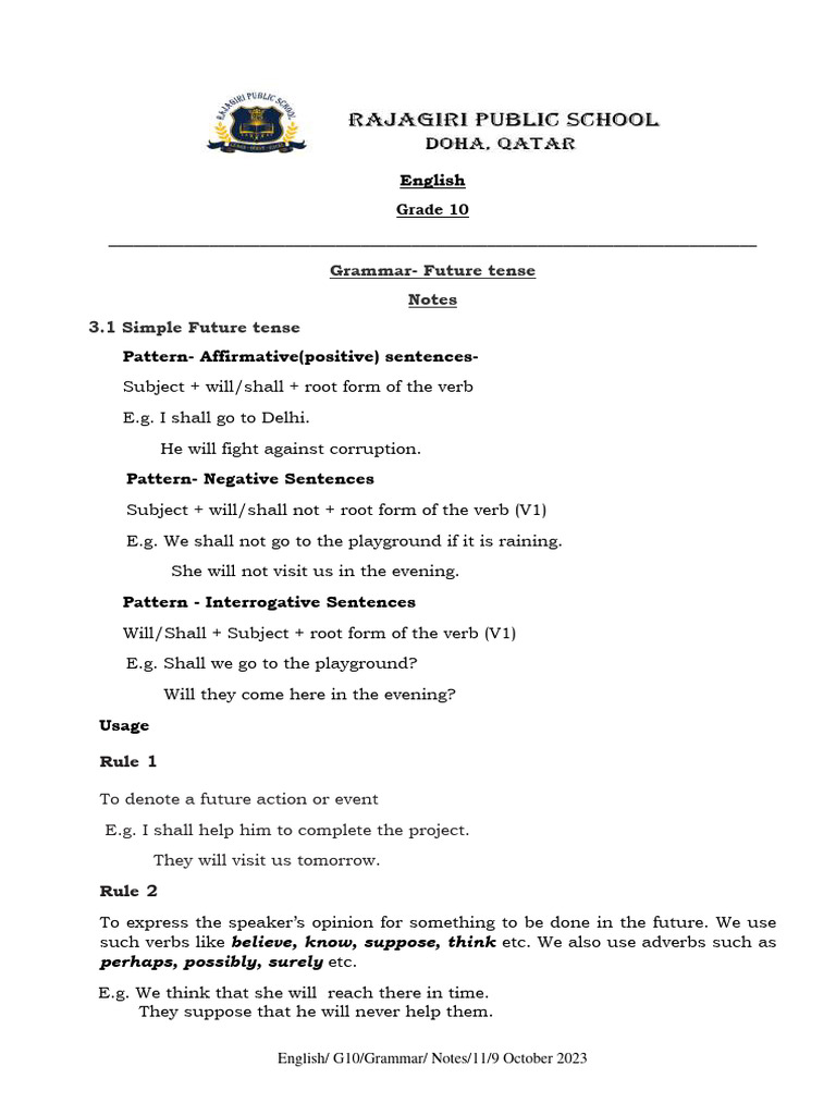 Notes - Future Tense | PDF | Verb | Grammatical Tense