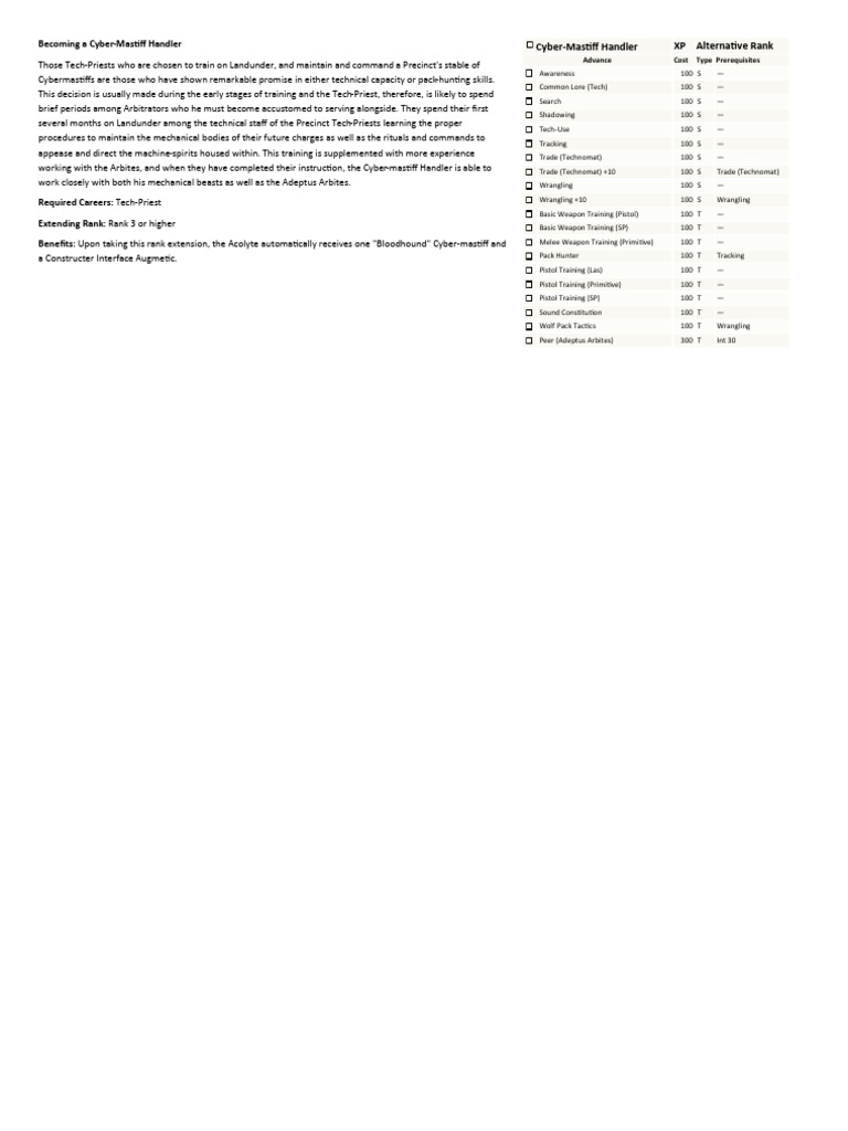 Advanced Dark Heresy - Character Sheet Alternative Rank - Cyber-Mastiff Handler | PDF