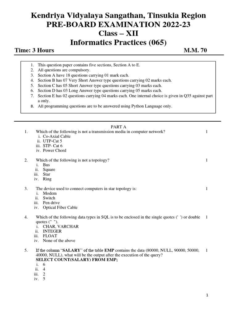 Class-XII-IP-First Pre Board | PDF | Comma Separated Values | Network Topology
