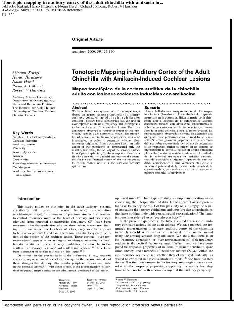 Kakigi A Et Al Tonotopic Mapping In Auditory Cortex Of The Adult Chinchilla With Amikacin