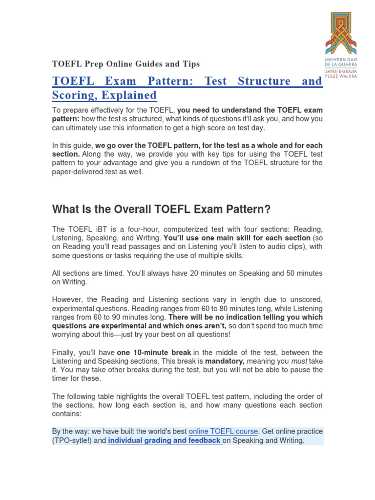 TOEFL Exam Pattern Test Structure and Scoring, Explained | PDF | Test ...