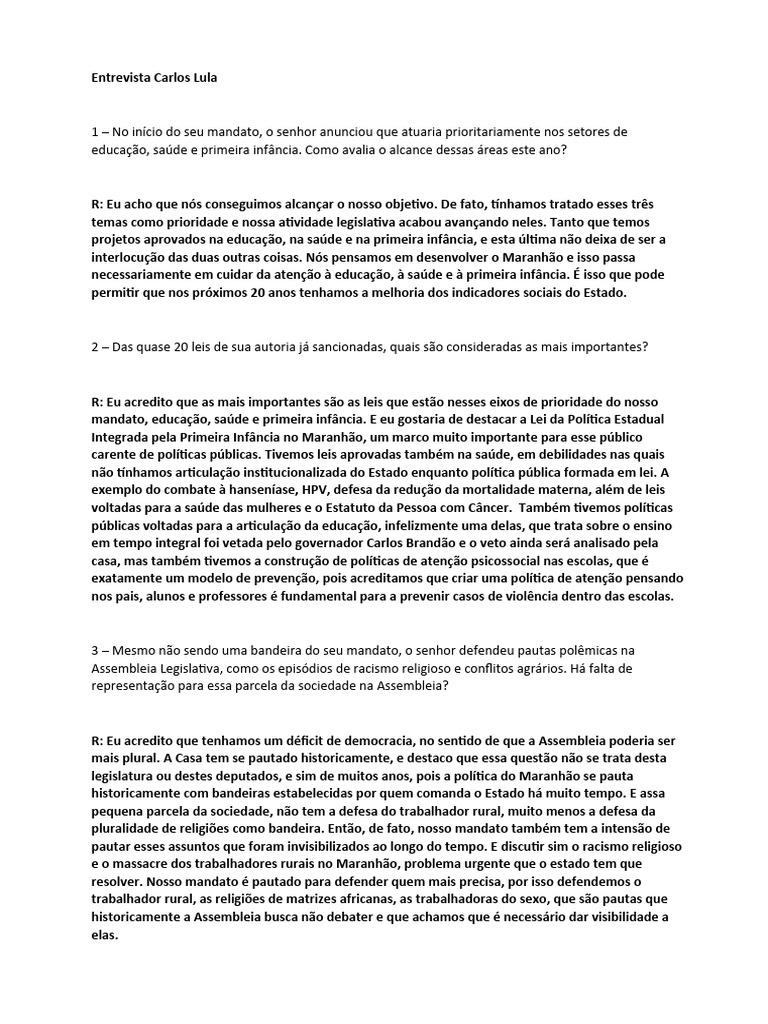 Entrevista Carlos Lula | PDF | Luiz Inácio Lula da Silva | Estado