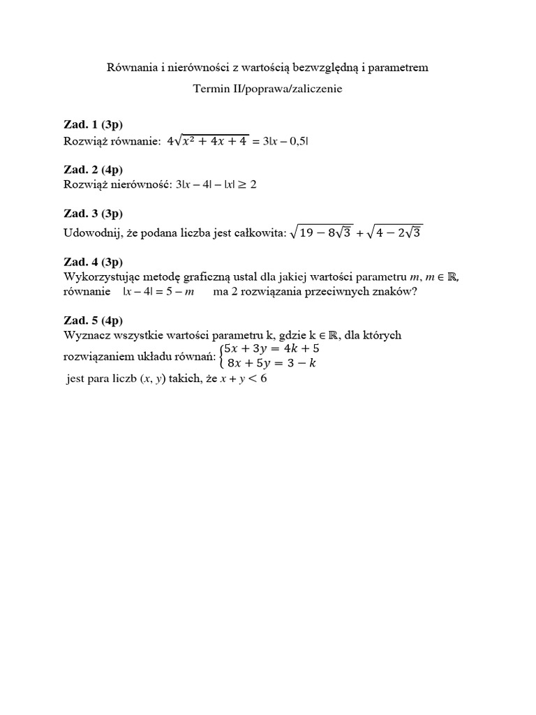 Sprawdzian - Równania, Nierówności Oraz Układy Z Wartością Bezwzględną ...