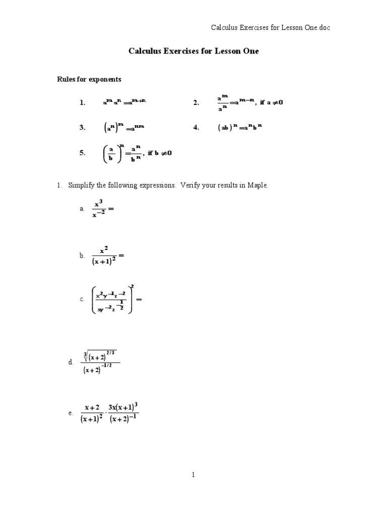 Calculus Exercises For Lesson 1 Pdf