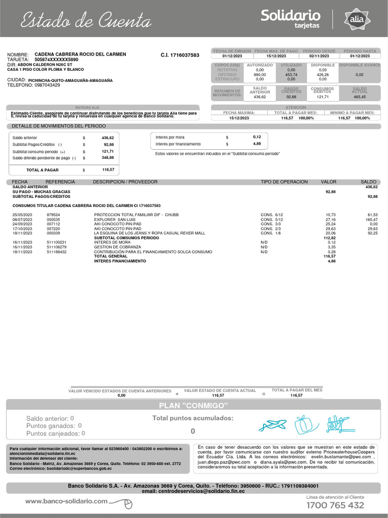 Plan "Conmigo": Saldo Anterior: Puntos Ganados: Puntos Canjeados: Total Puntos Acumulados: 0 0 0 ...