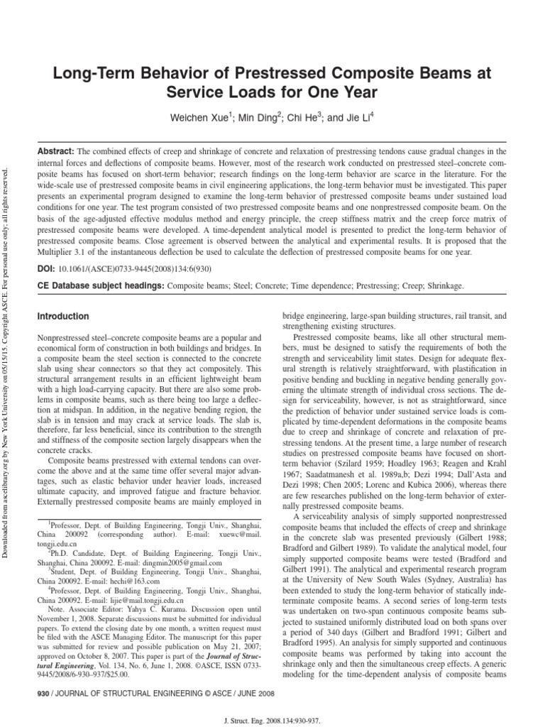 Long-Term Behavior of Prestressed Composite Beams at Service Loads For One Year | PDF | Beam ...