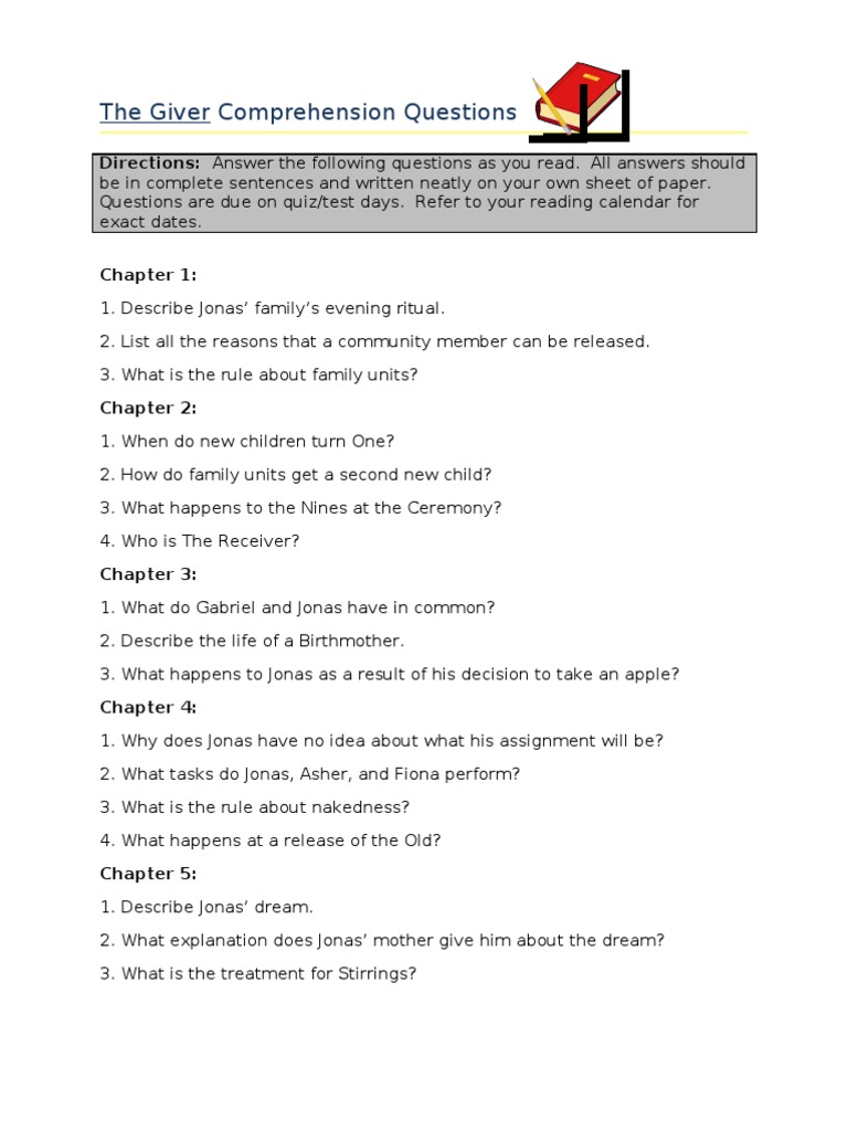 The Giver: Chapter Comprehension Questions | PDF | The Giver ...