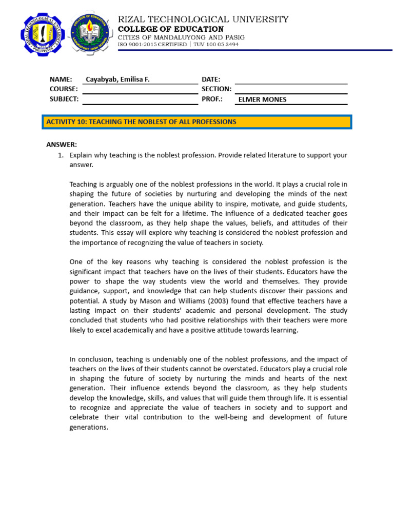 PROFED 2 - ACTIVITY 10 | PDF | Teachers | Learning