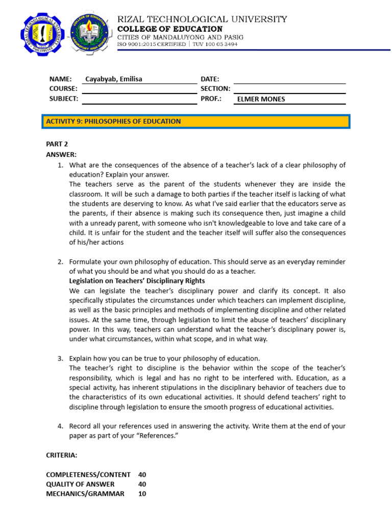 Profed 2 - Activity 9 | PDF | Teachers | Philosophy Of Education