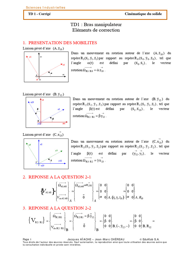 Cinematique Des Solides - TD1 Correction | PDF | Mouvement de rotation | Espace-temps