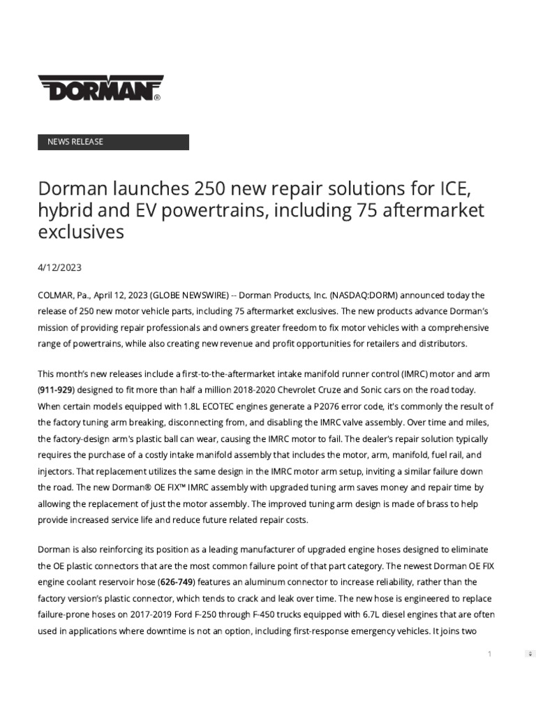 Dorman Launches 250 New Repair Solutions For ICE Hybrid and EV ...