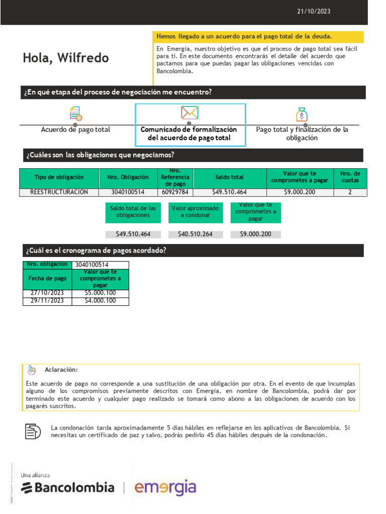 Hola, Wilfredo: Acuerdo de Pago Total Pago Total y Finalización de La Obligación | PDF ...