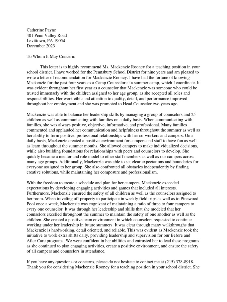 Catherine Payne Reference Letter | PDF | Mentorship | Learning