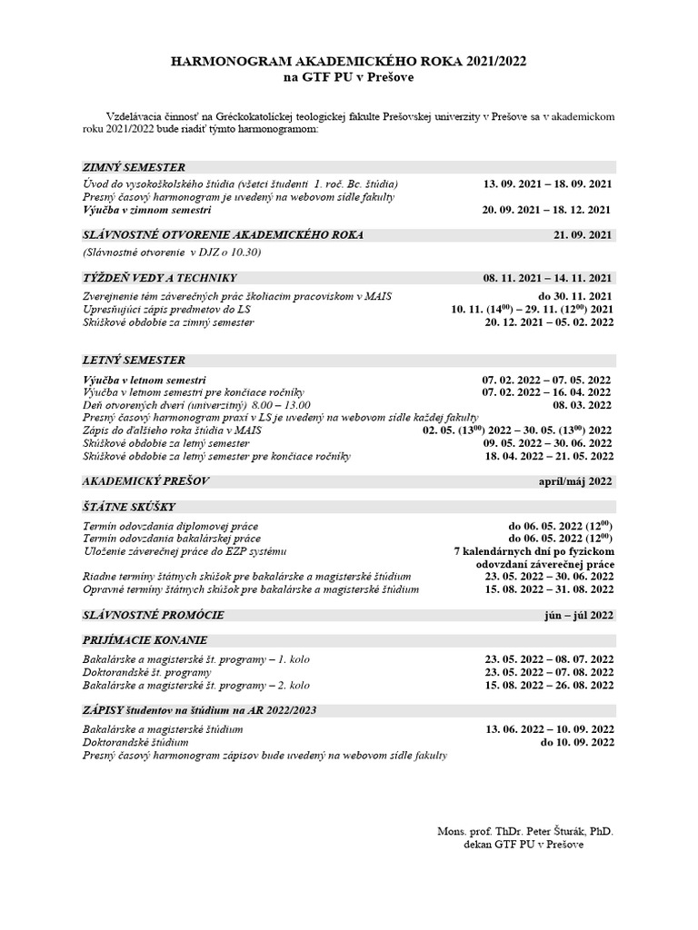 Harmonogram GTF PU 2021 - 2022 | PDF