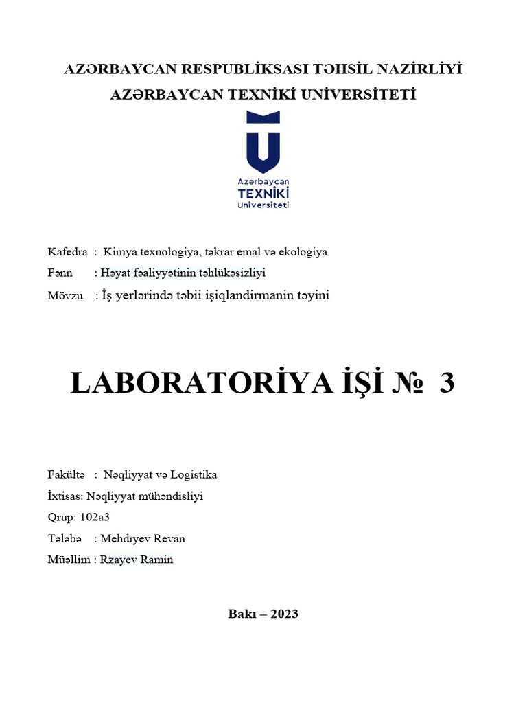 Laboratoriya İşi 3: Azərbaycan Respubliksasi Təhsil Nazirliyi Azərbaycan Texniki Universiteti | PDF